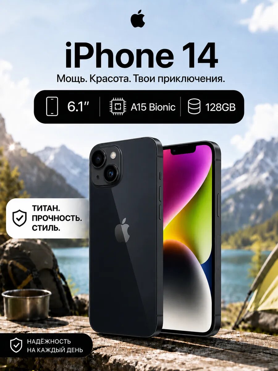 Смартфон Apple iPhone 14 128 Gb, 6.1", (nano-SIM + eSIM), Black/черный