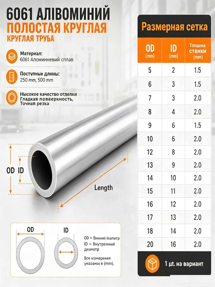 Алюминиевая трубка 6061, 500 мм, OD 13 мм ID 9 мм,1 шт. для DIY и моделизма