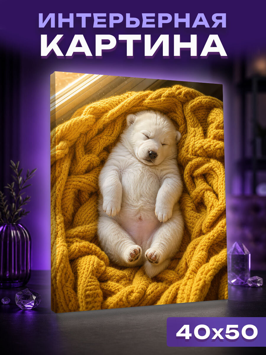 Интерьерная картина Сон белого щенка в пледе