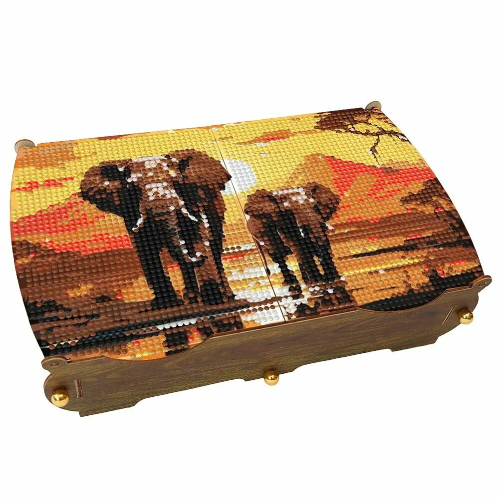 Шкатулка с алмазной росписью Слон на закате, деревянная, 24.8x15.9x6.8 см