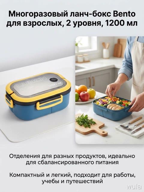 Ланч-бокс Bento многоярусный, 2 отделения, 1200 мл, для взрослых, компактный — фото 1
