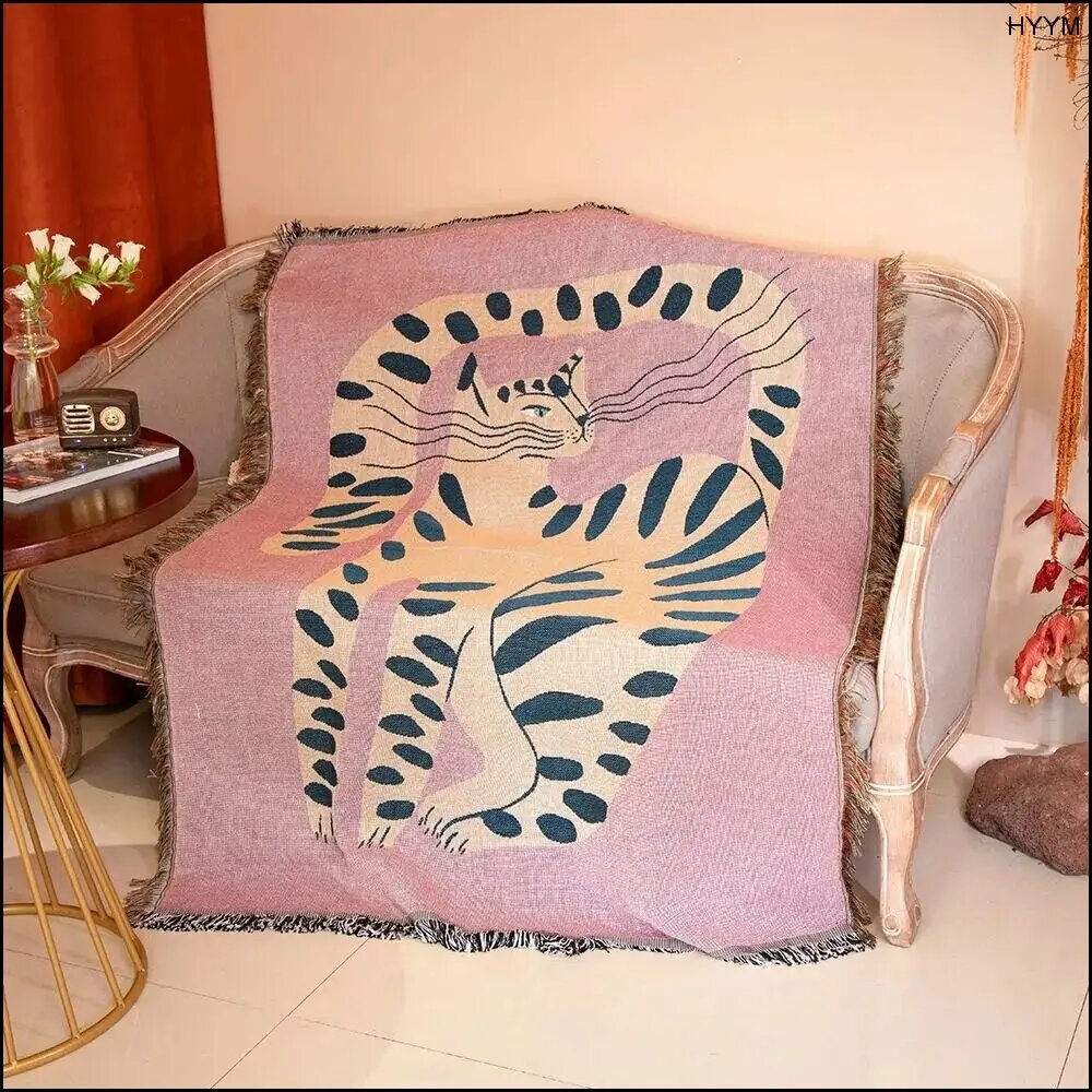 Плед для пикника "Pink Cat", гобелен, с бахромой, 160x130 см