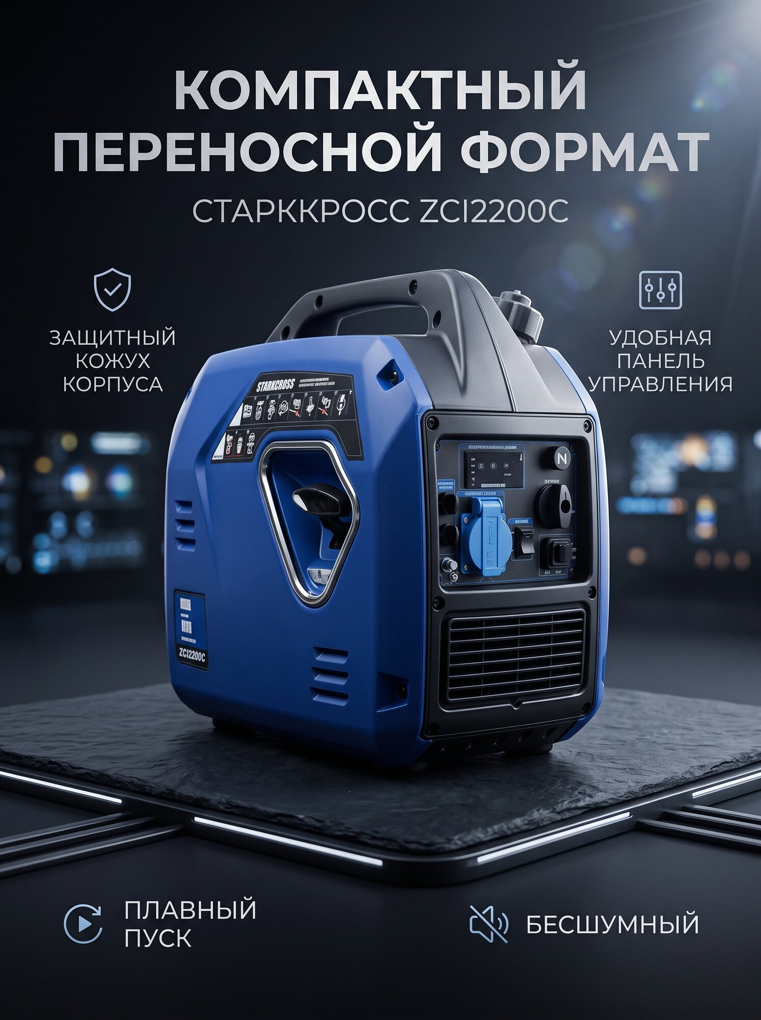 Генератор бензиновый инверторный бесшумный Starkcross ZCI2200C, 2,2кВт, Eco режим, бак 4л, цифровой дисплей
