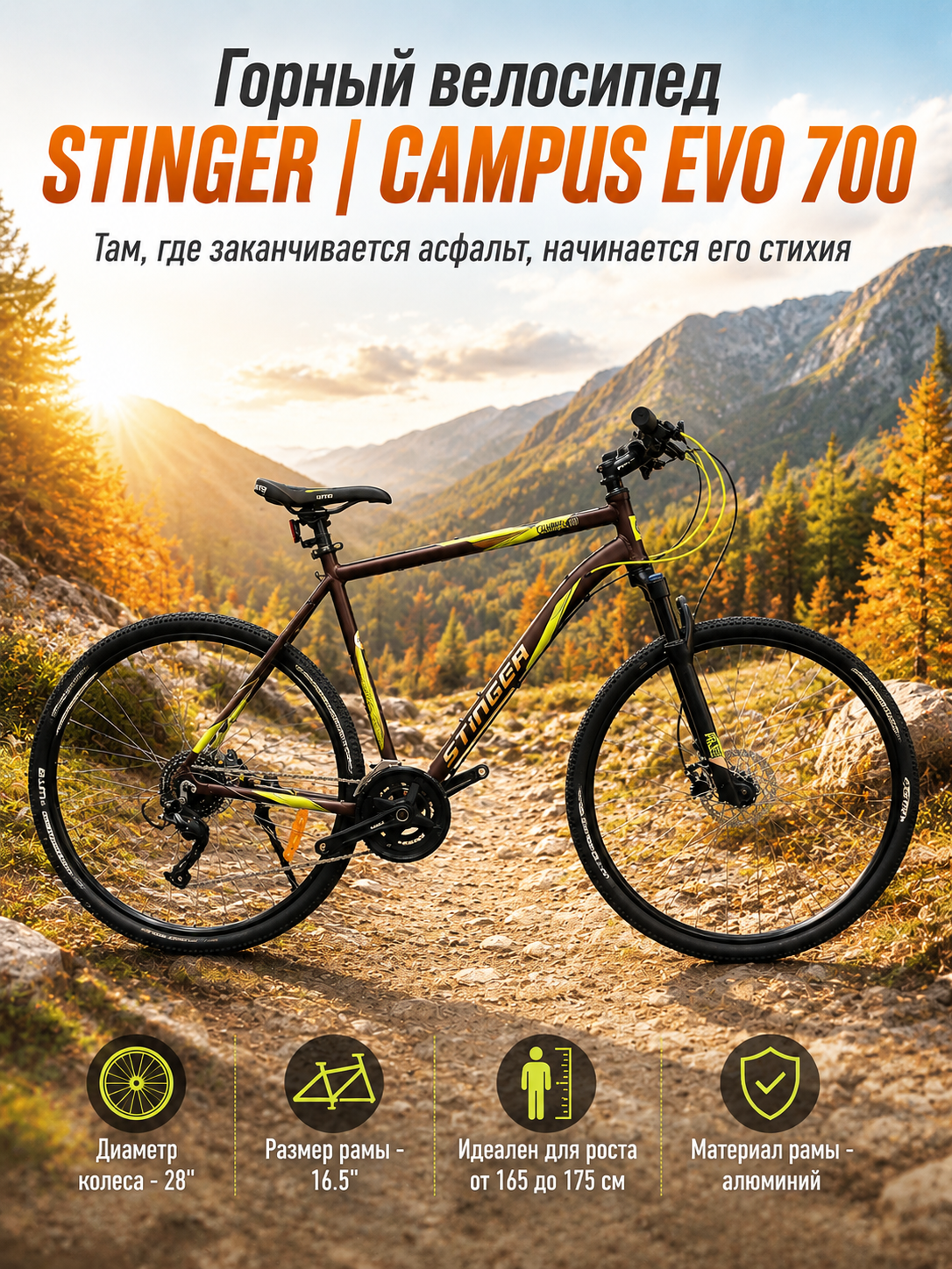 Велосипед взрослый STINGER CAMPUS EVO 700C, размер 52, рост 165-174, коричневый, двухколесный, 9 скоростей