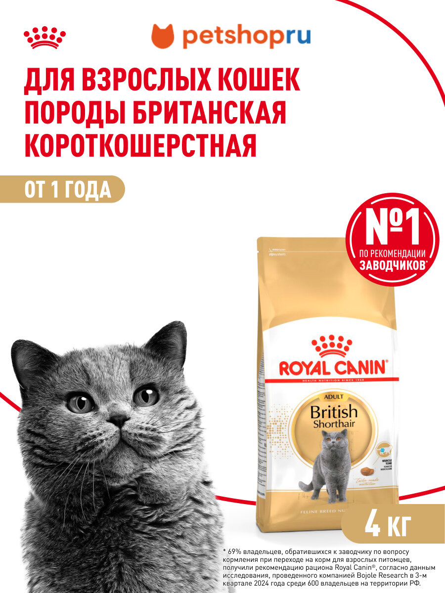 Корм Royal Canin сухой сбалансированный для взрослых британских короткошерстных кошек, British Shorthair Adult, 4 кг.