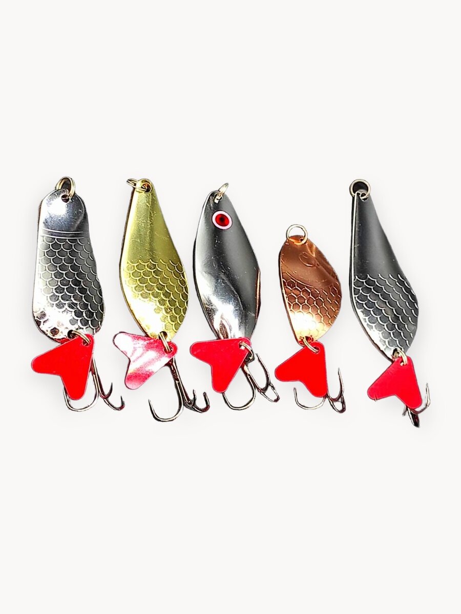 Блесна колебалка Атом 5шт в боксе для рыбалки, набор блесен на щуку, окуня, жереха, судака