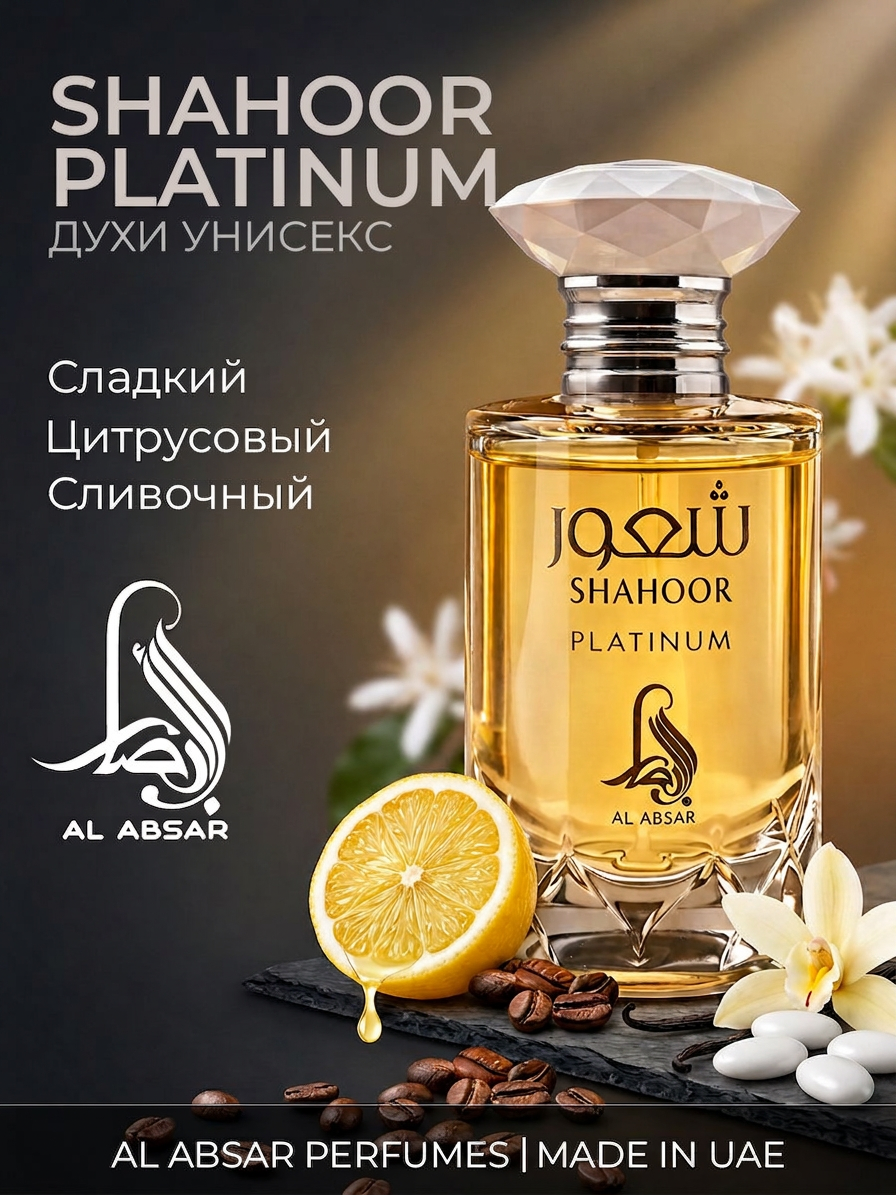 Арабские духи унисекс Shahoor Platinum 100 мл - фруктовые, цветочные, восточные.