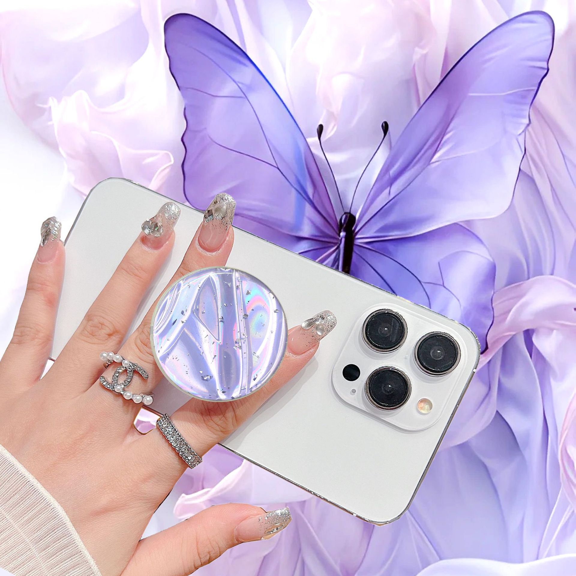 Попсокет "Violet" / Держатель для смартфона "Фиалка" / Круглый переливающийся попсокет для телефона