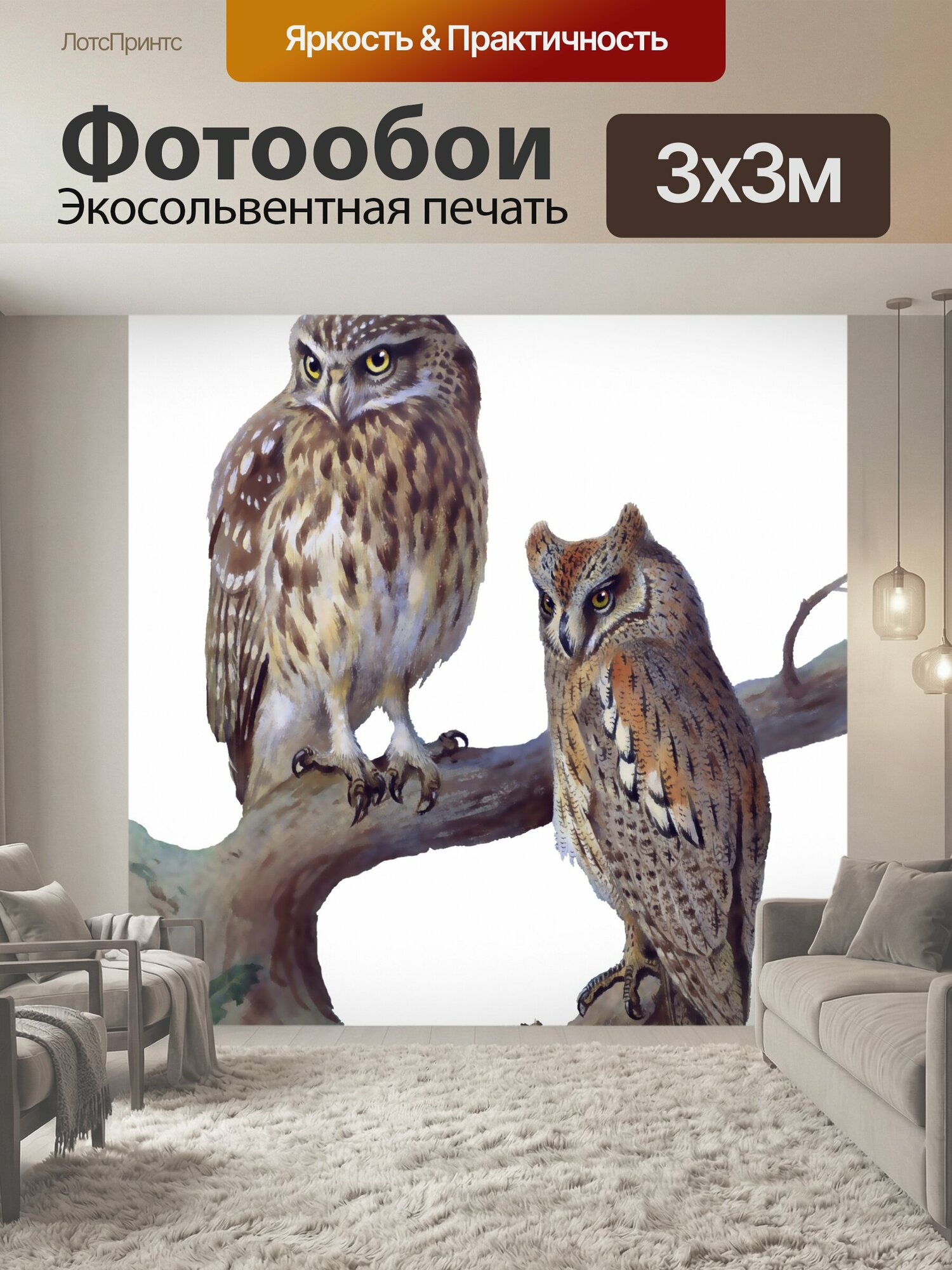Фотообои "Сова акварель Картина Маленькая сова и шотландская сова сова шпага сова акварель живопись искусство клипарт клип иллюстрация ветка." 300x300 см. экосольвентная печать
