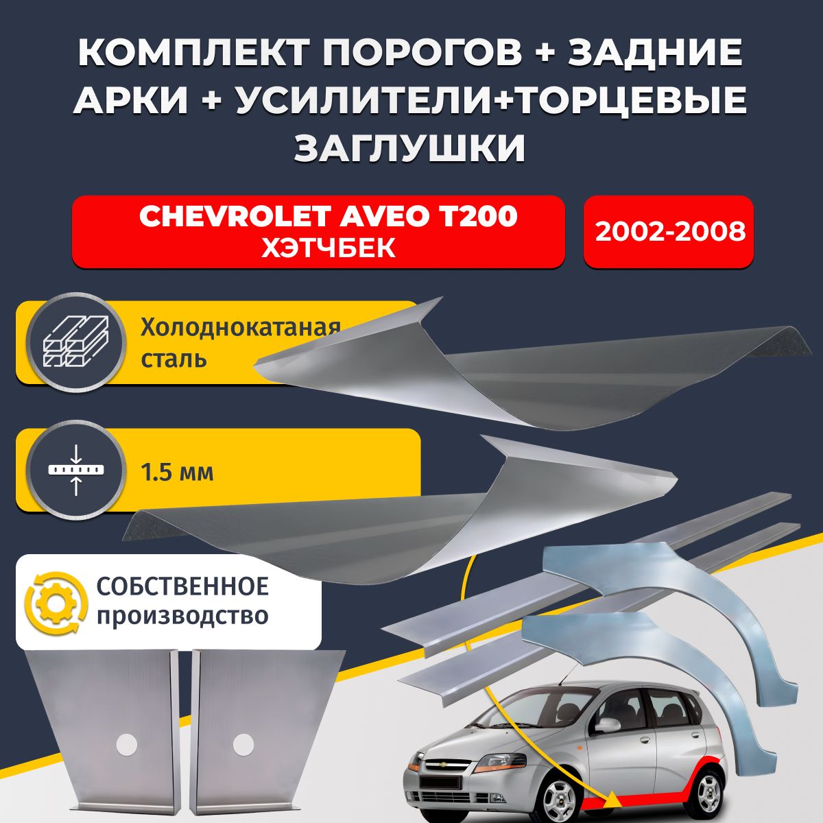 Комплект ремонтных задних арок (0,8 мм) и стандартных порогов + торцевые заглушки + усилители, на Chevrolet Aveo T200 2002-2008 хэтчбек 5 дверей (Шевроле Авео Т200). Холоднокатаная сталь 1,5 мм