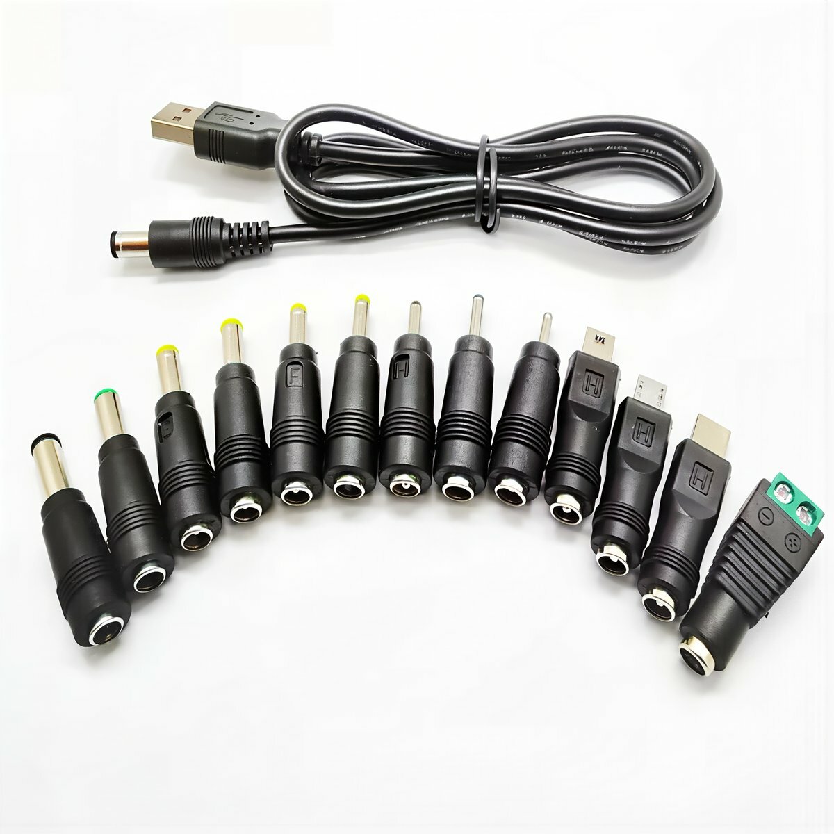 Кабель питания USB с 13 переходниками DC, универсальный набор зарядки 14 предметов черный длина провода 1 метр для малых электронных устройств