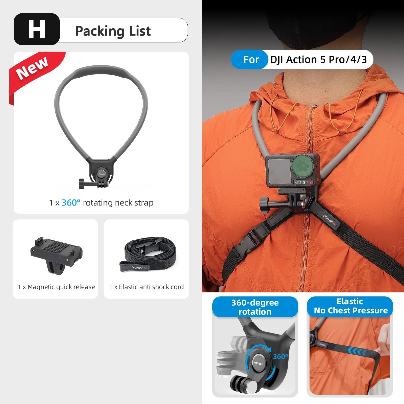 Vamson 360° Поворотное крепление на шею для DJI Action из силикона H