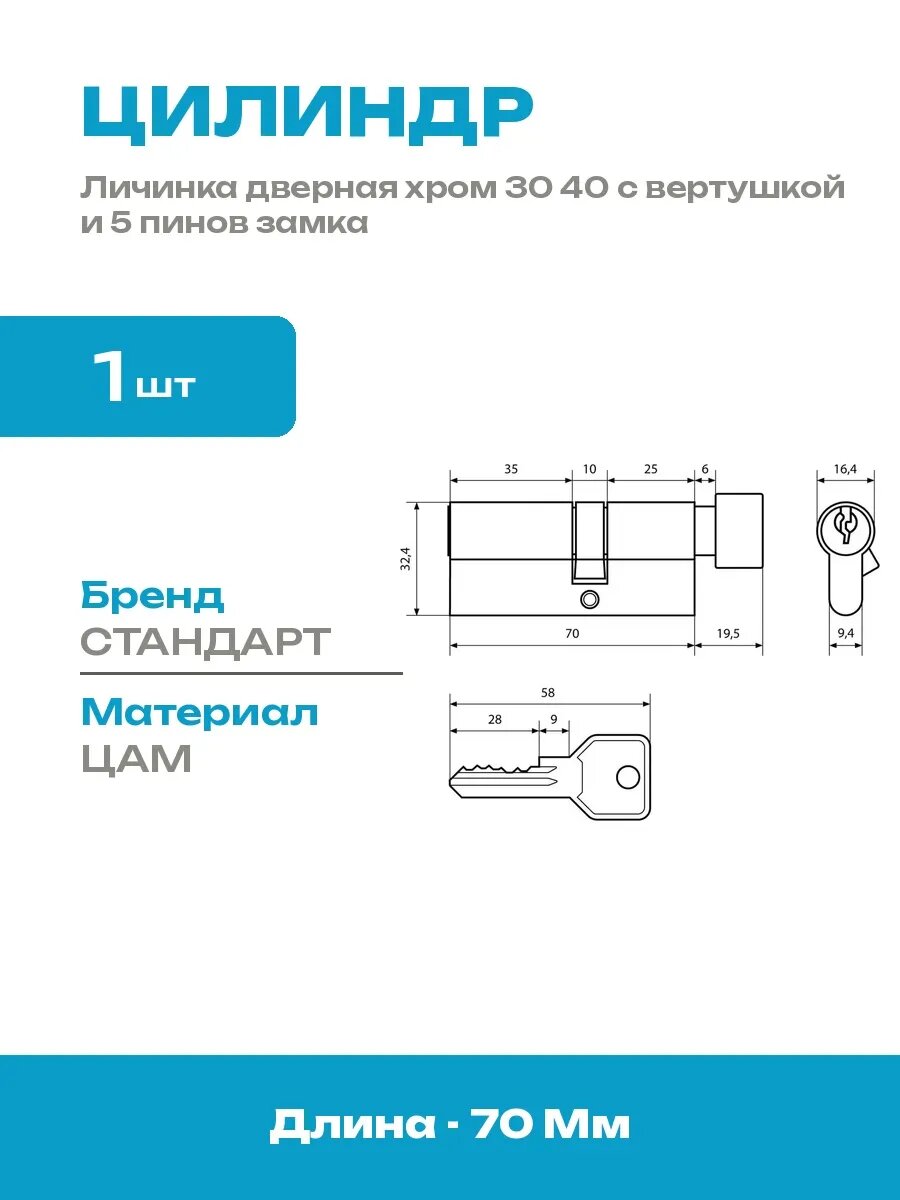 Сердцевина для замка с вертушкой 30 40 хром 5 пинов дверная