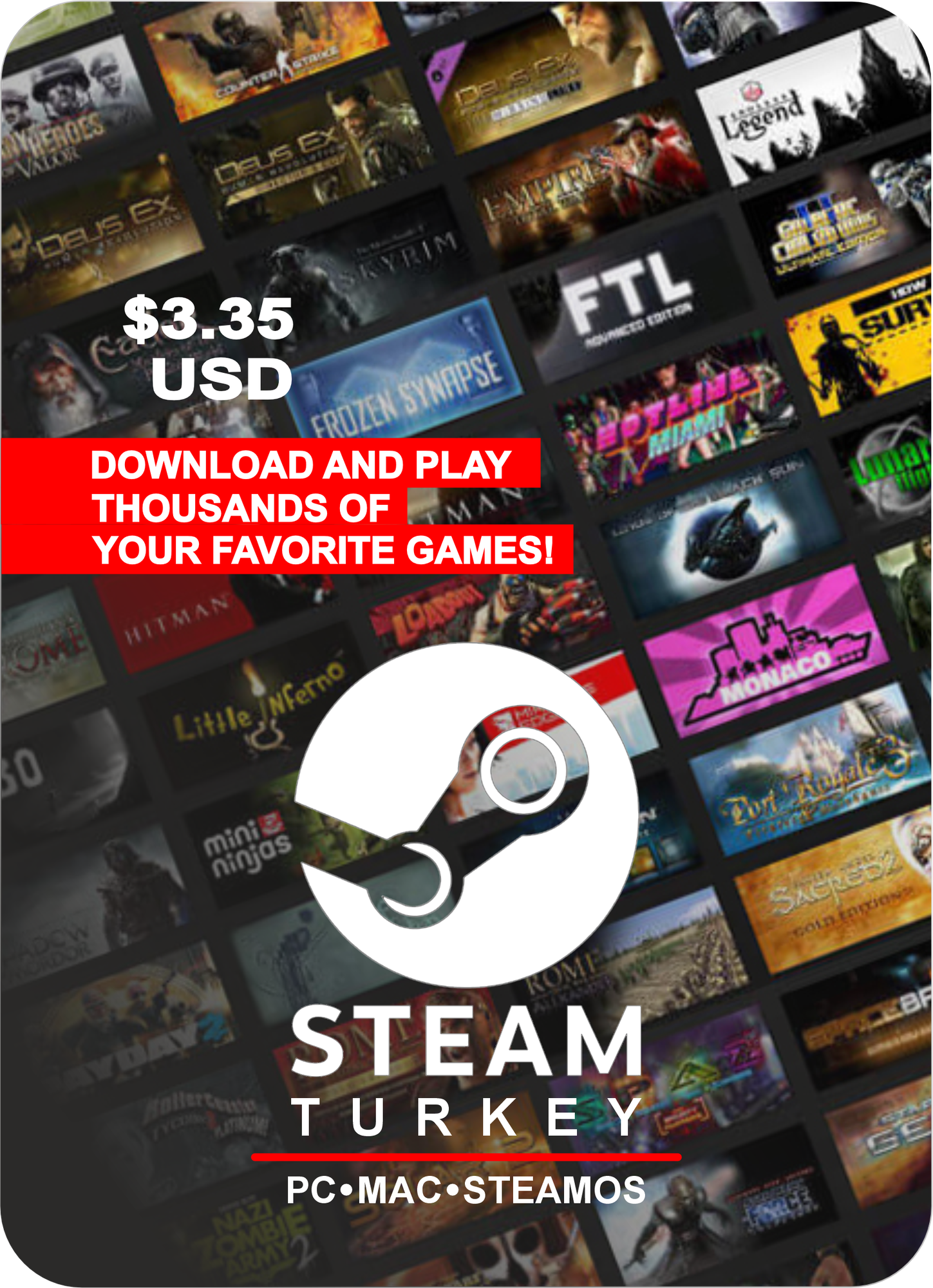 Подарочная карта Steam 3.35$ Турция / Steam Gift Card 3.35 USD Turkey