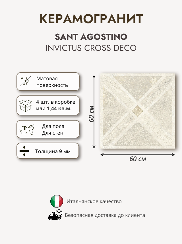 Керамогранит SANT AGOSTINO Invictus Cross Deco 60X60 см, матовый, 1,44 кв. м (4 шт в упак)