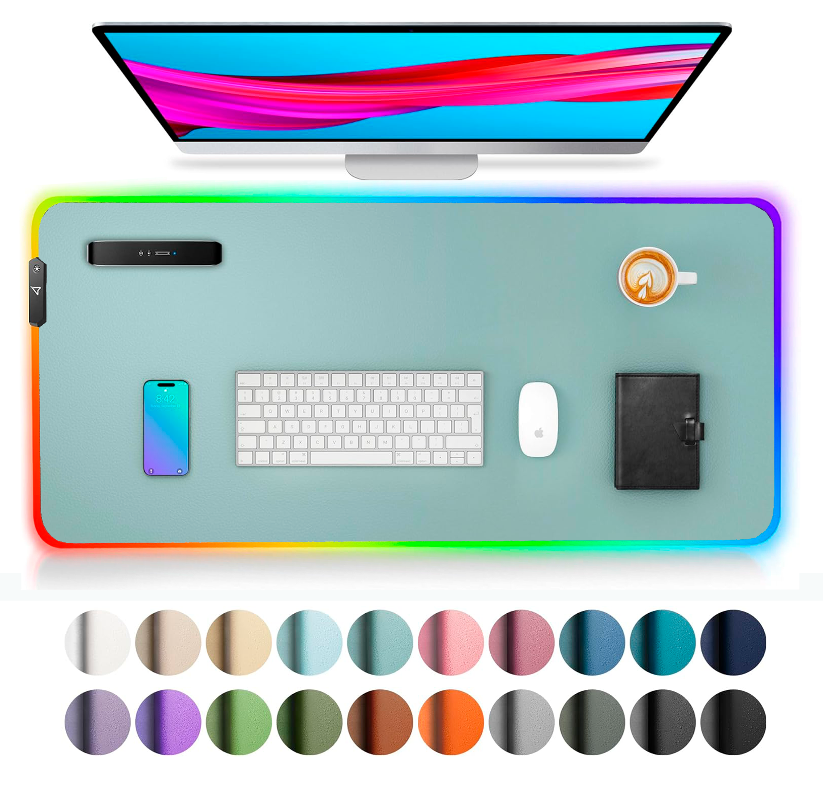 Коврик для клавиатуры и мыши с RGB подсветкой 40 см х 80 см , защитный, большой, водонепроницаемый, кожаный, голубой