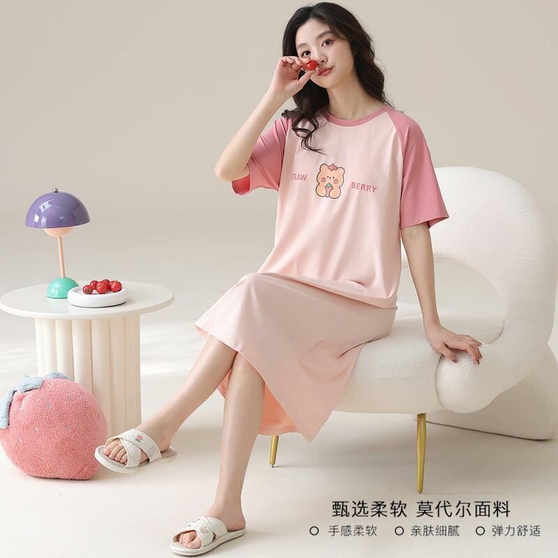 Модальная 5XL экстра большая летняя короткая рукавная ночная рубашка до колена средней длины 110kg года плюс размер свободная ночная рубашка