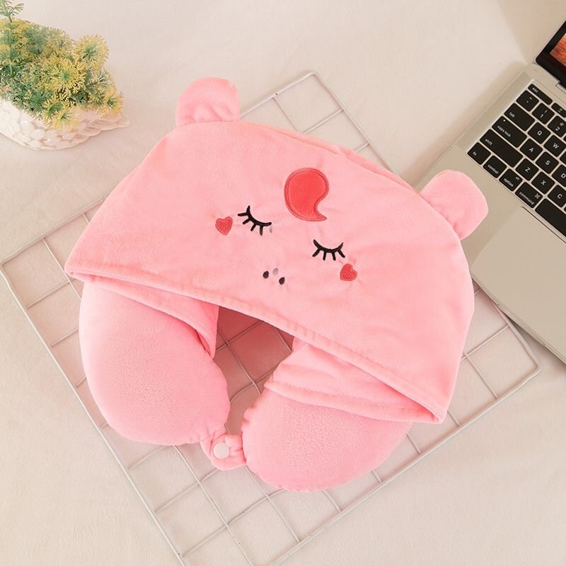 Мультяшная U-образная подушка, шляпа с капюшоном, хлопковая подушка для шеи, ортопедическая подушка, подушка для обеденного перерыва, подушка для путешествий на самолете, милая подушка для шеи