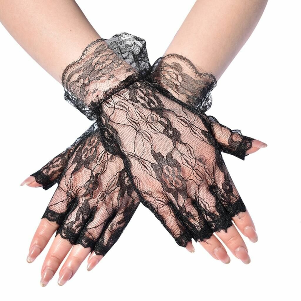 Ажурные свадебные перчатки до пальцев, Черный