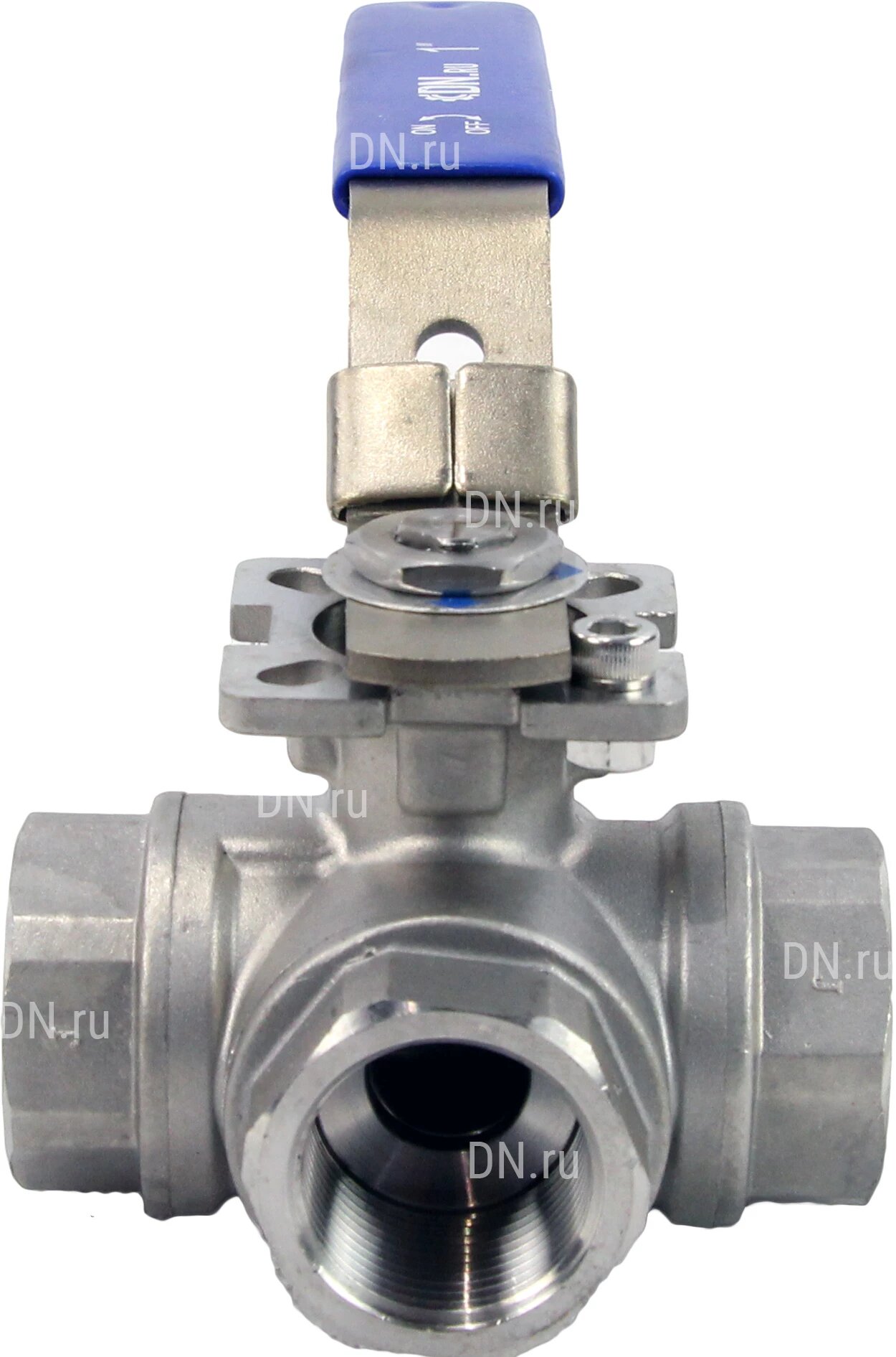 Кран шаровой DN.ru RP. SS316.200. MM.015-ISO 1/2" Ду15 Ру63 стандартнопроходной трехходовой L-тип, нержавеющая сталь SS316, внутренняя резьба, уплотнение - PTFE, с ISO фланцем и рукояткой, 9х9, F03/F04