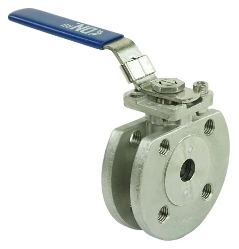 Кран шаровый DN.ru КШмФП.316.200 Ду32 Ру16 короткий корпус L=50 мм, корпус и шар - нержавеющая сталь 316, уплотнение шара - PTFE, температура рабочей среды до 200°C, полнопроходной межфланцевый с ISO-фланцем и рукояткой, 11х11, F05