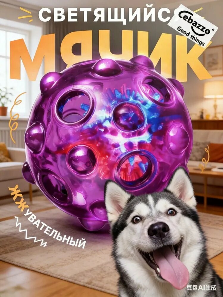 Светящийся интерактивный мяч для собак, фиолетовый, для крупных и средних пород