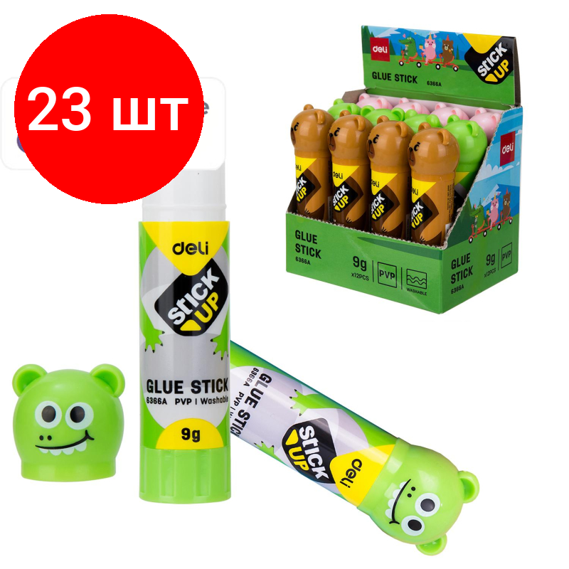 Комплект 23 штук, Клей-карандаш школьный 9г Deli с колпачком в форме зверька, ассорти E6366A