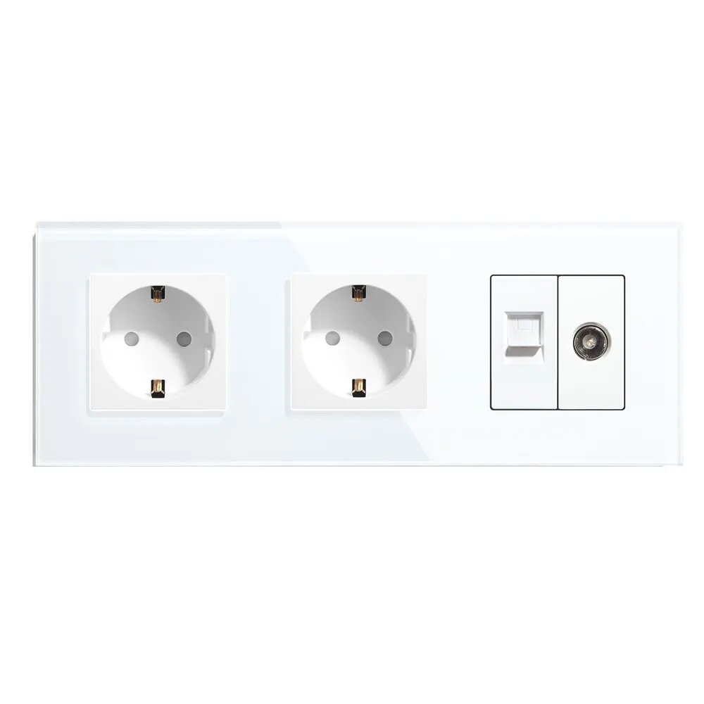 Розетка электрическая 3 поста 220В +Розетка ТВ-Компьютер RJ-45 CAT6 Белый Стекло