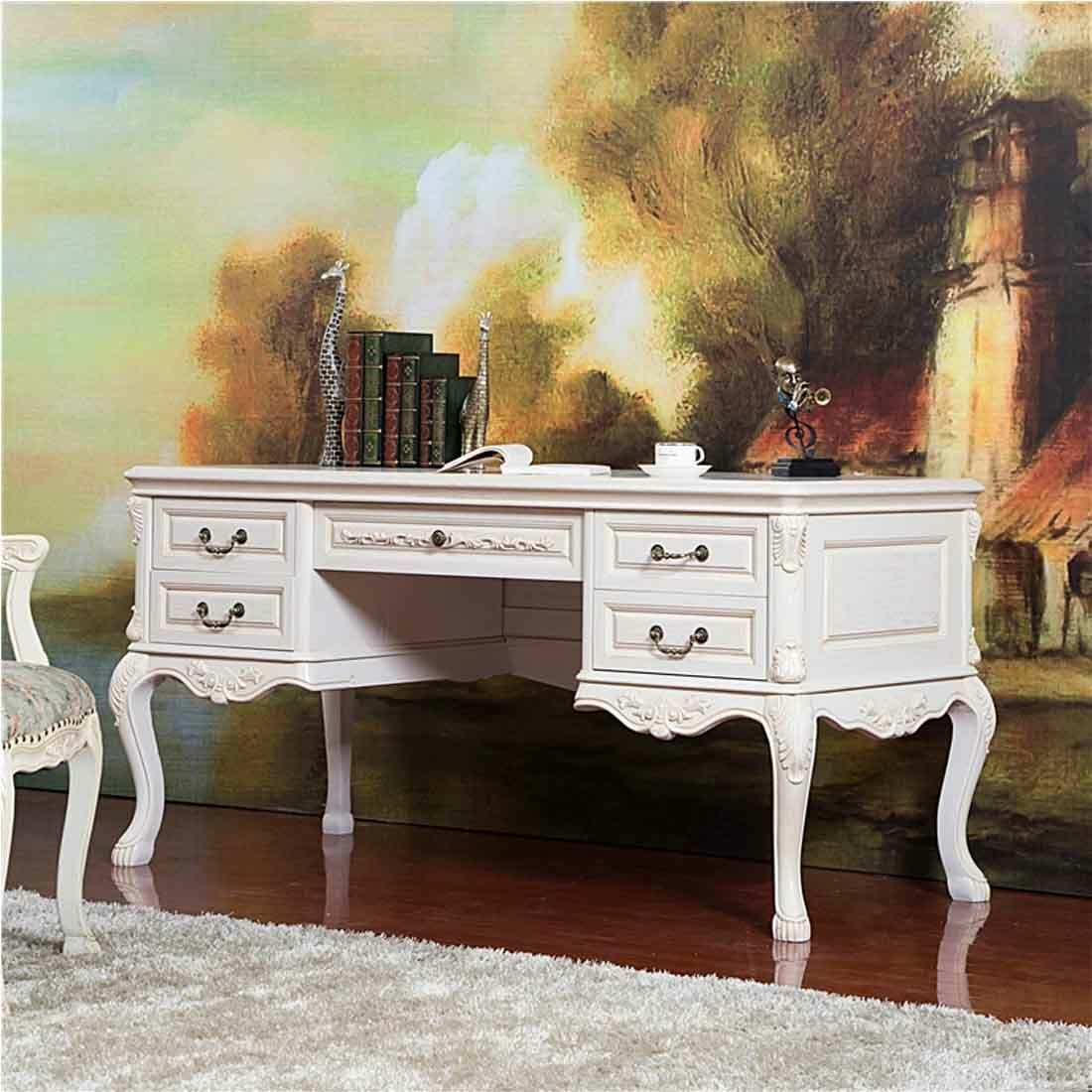 Винтажный деревянный письменный стол Erika, 5 выдвижных ящиков (белый)