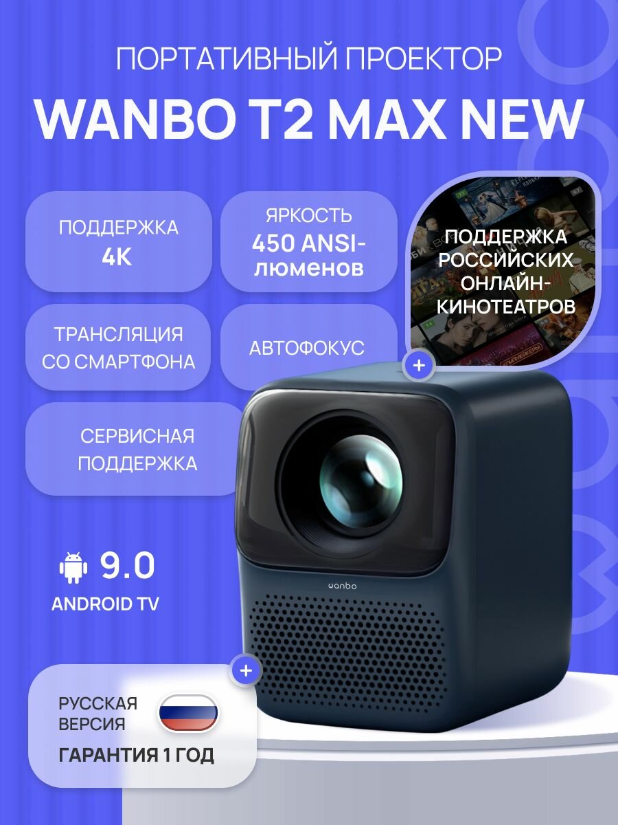 Проектор Wanbo T2 Max NEW, для фильмов, с телефона, темно-синий