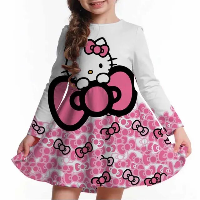 Платье с длинными рукавами и принтом Hello Kitty для девочек, идеально подходит для повседневной носки в праздничные дни, вечеринок или в качестве подарка.
