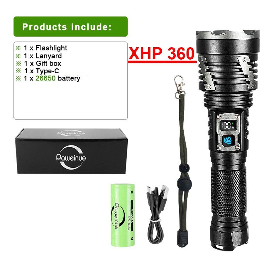 Фонарь XHP 360, перезаряжаемый, E-26650 battery box