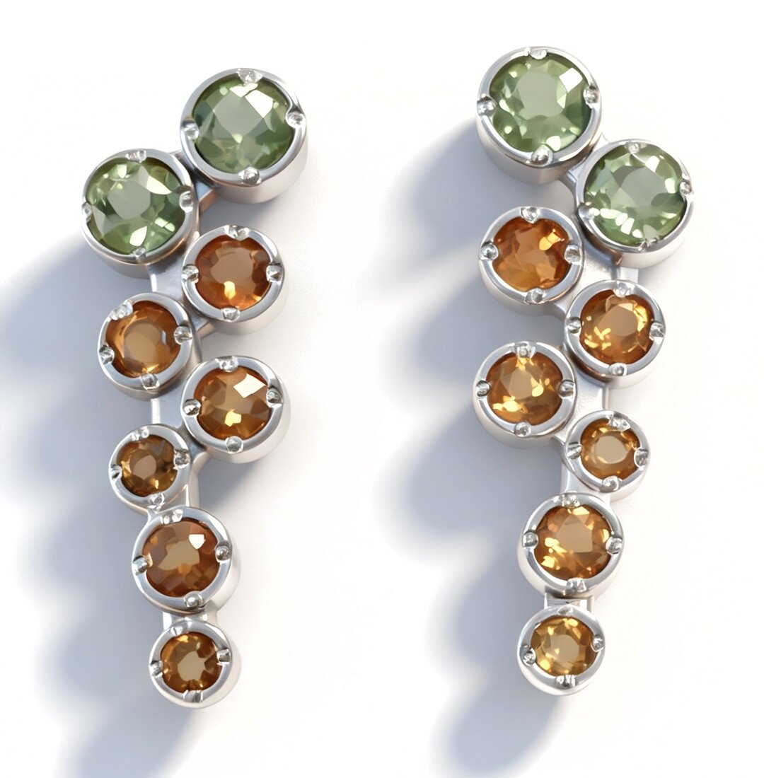 Серьги пусеты, серебро, 925 проба, родирование, цитрин, хризолит