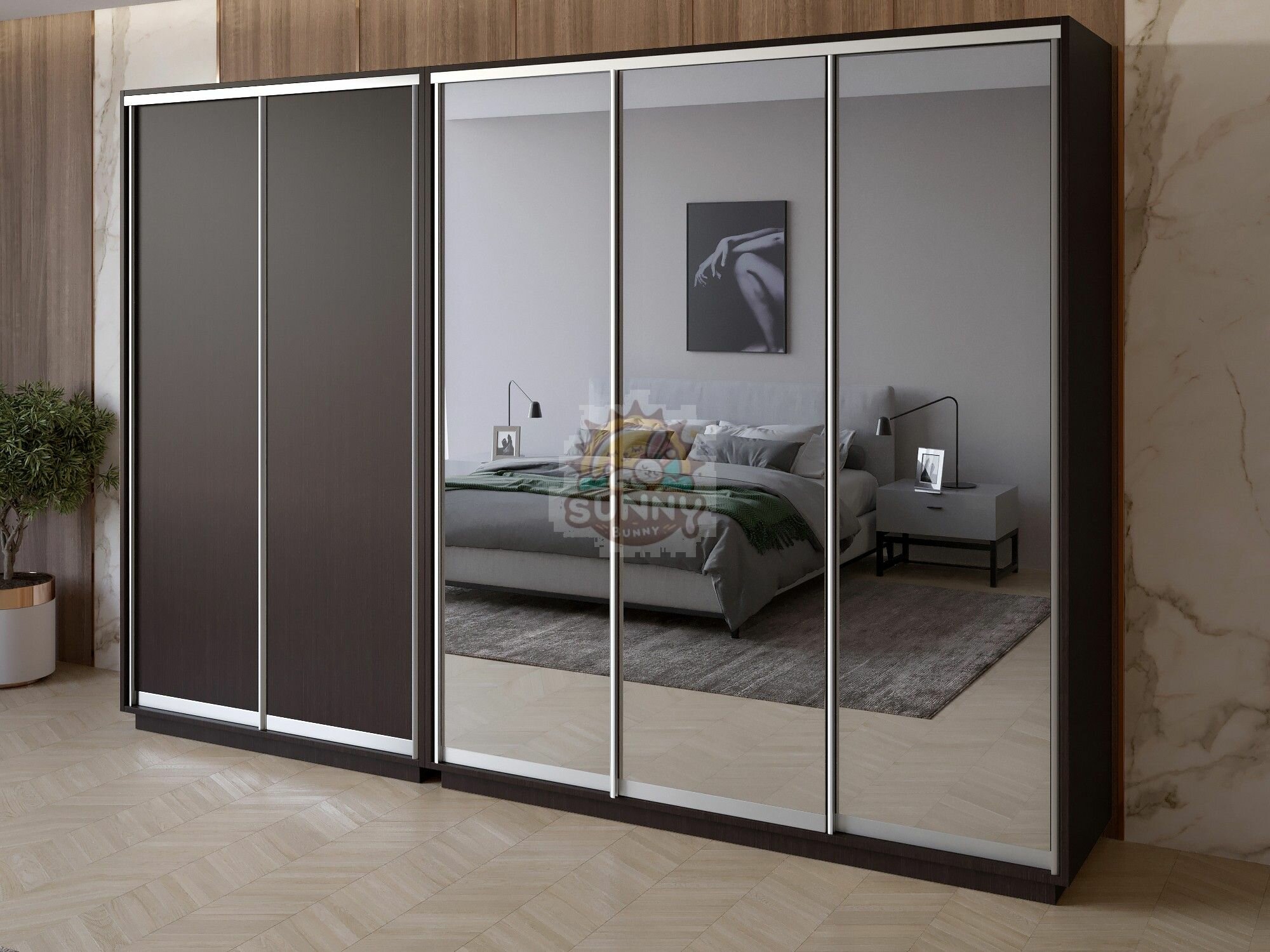 Шкаф-купе Вилли 5-ти дверный модульный (2+3) ЛДСП-2/Зеркало-3, профиль серебро, 300х60х220 см. Венге