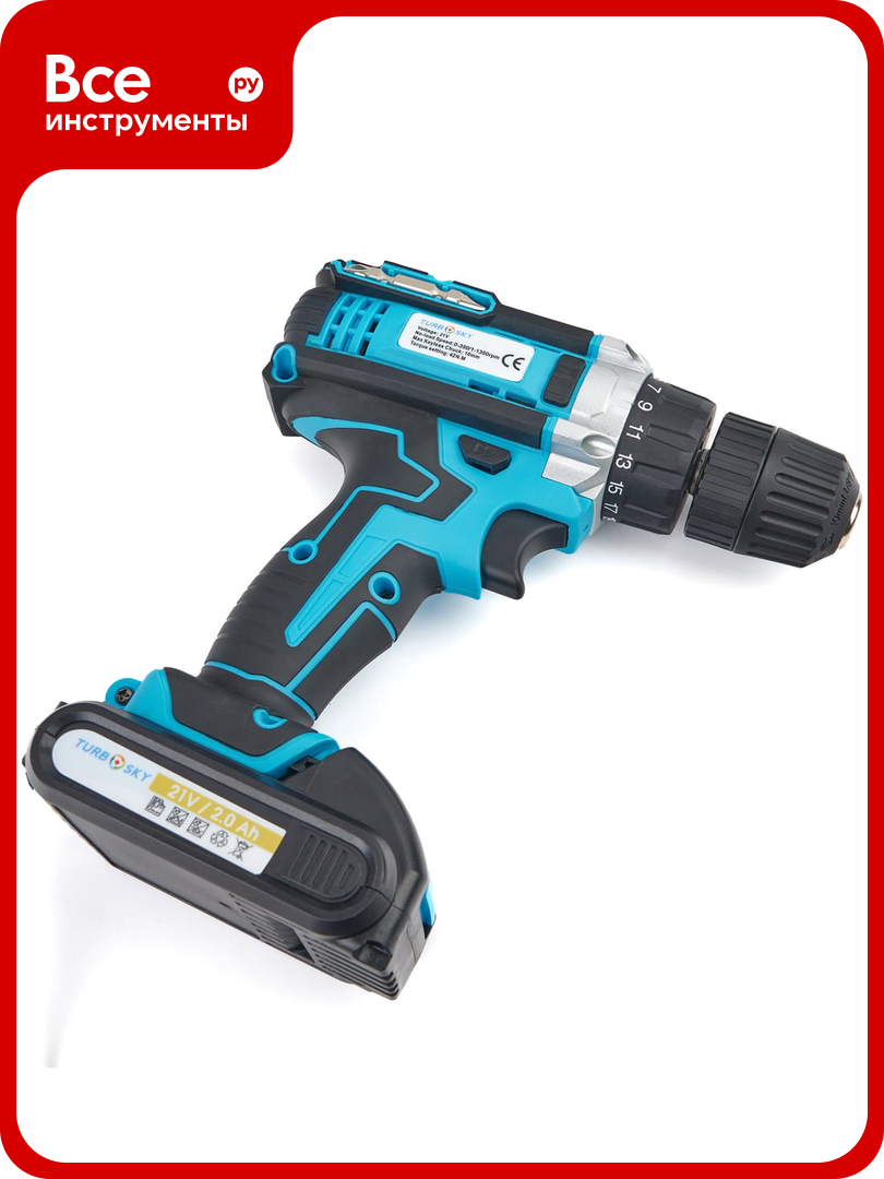 Аккумуляторная дрель-шуруповерт Turbosky ДА-21/2.0, 2 скорости, высокоэффективная для работы с деревом, металлом