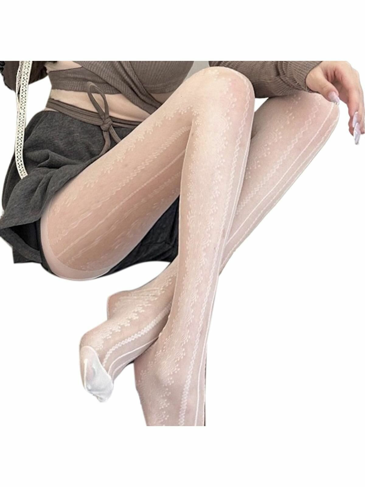 Женские полупрозрачные колготки с цветочным узором, Молочно - белый