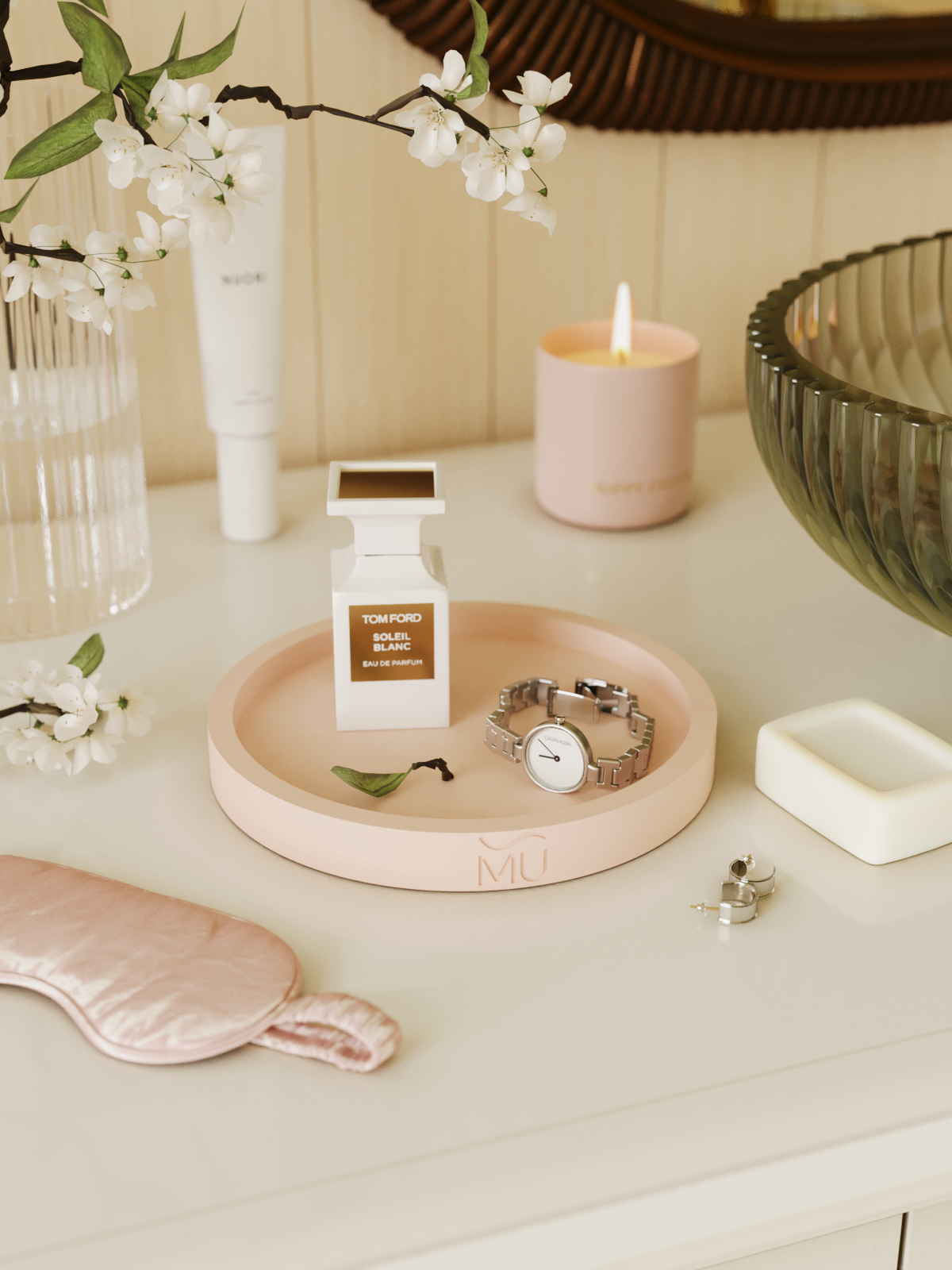 Декоративный поднос, подставка для украшений, органайзер для косметики Lora L, 20x20 см, бетон, розовый глянцевый