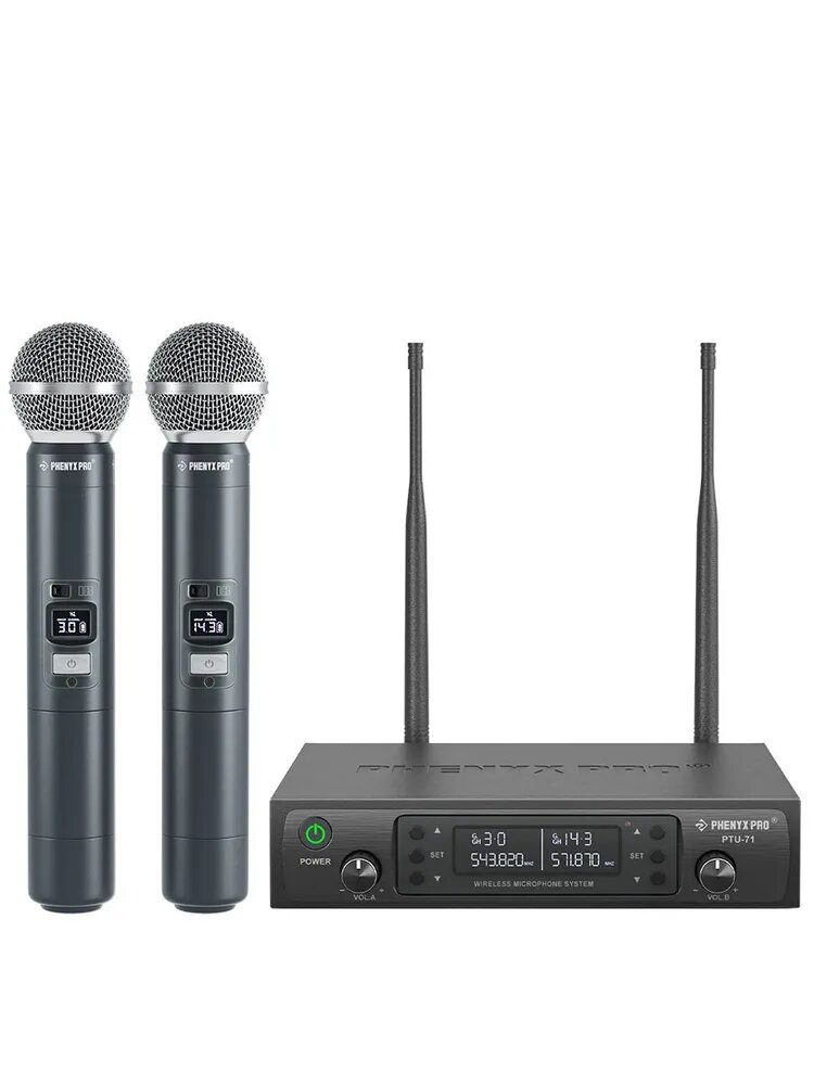 Phenyx Pro Микрофон для живого вокала Двойной ручной микрофон UHF с динамическим микрофоном с автосканированием для Church PTU-71, черный