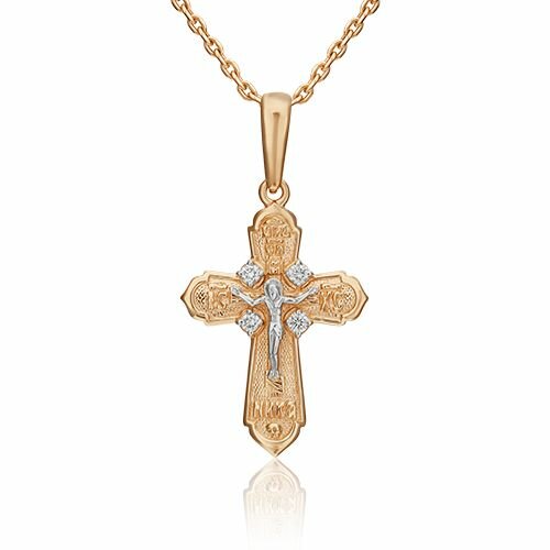 Крестик, комбинированное золото, 585 проба, родирование, бриллиант