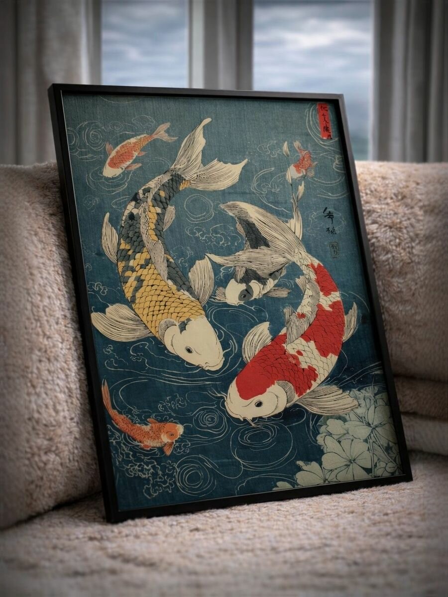 Постер гравюра укиё-э / Плакат карпы кои азиатская интерьерная печать