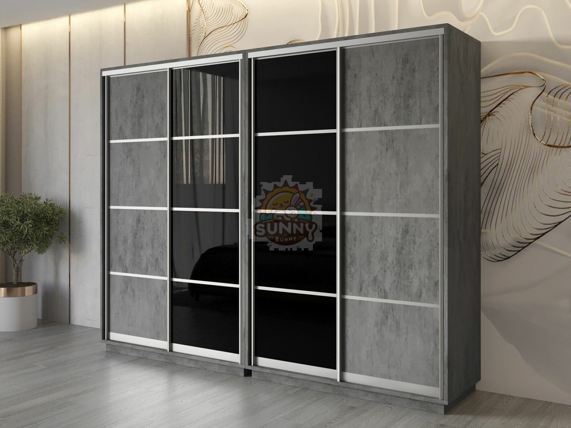 Шкаф-купе Флорида 4дв. (2+2) ЛДСП 2/Стекло черное 2, профиль серебро, 280х60х220 см. Бетон