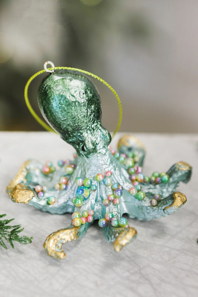 Ёлочная игрушка осьминог С сокровищами, серия обитатели морских глубин, полистоун, цвет морской волны, 9 см, Goodwill MO96344-2