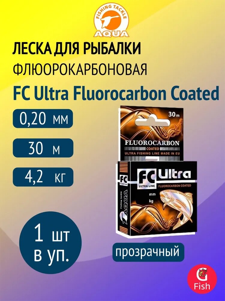 Леска зимняя для рыбалки AQUA FC ULTRA Fluorocarbon Coated 0,20mm 30m, 1 штука
