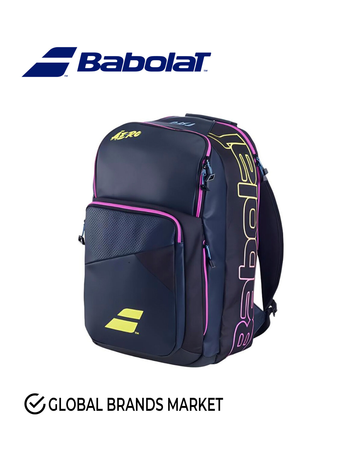 Теннисный рюкзак Babolat Pure Aero Rafa (2024), полиэстер, вместимость 3 ракетки, синий/желтый/розовый