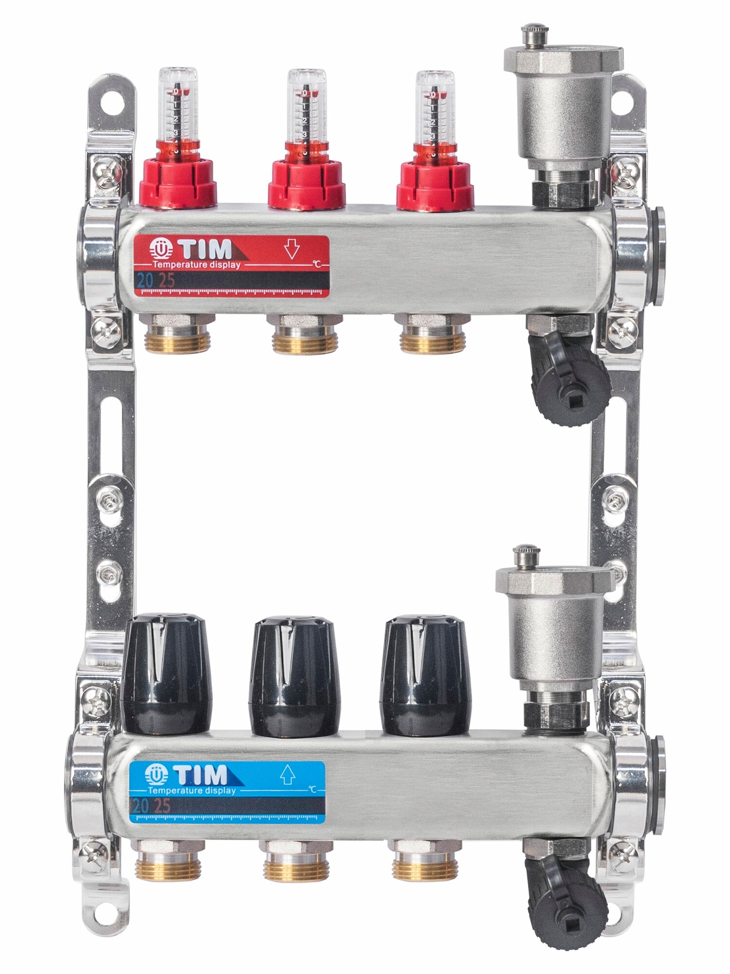 Коллекторная группа 3 контура с расходомерами 1" * 3/4" E, с дренажными кранами и воздухоотводчиками нерж. сталь, TIM, KCS5003