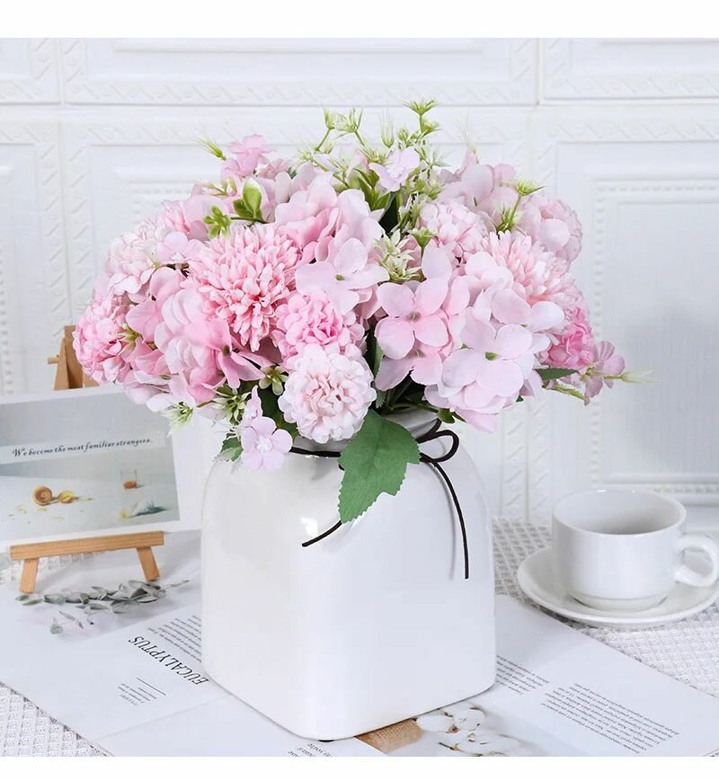 Искусственные цветы для декора на пасху мини букет гортензия и хризантема 2 букета розовые