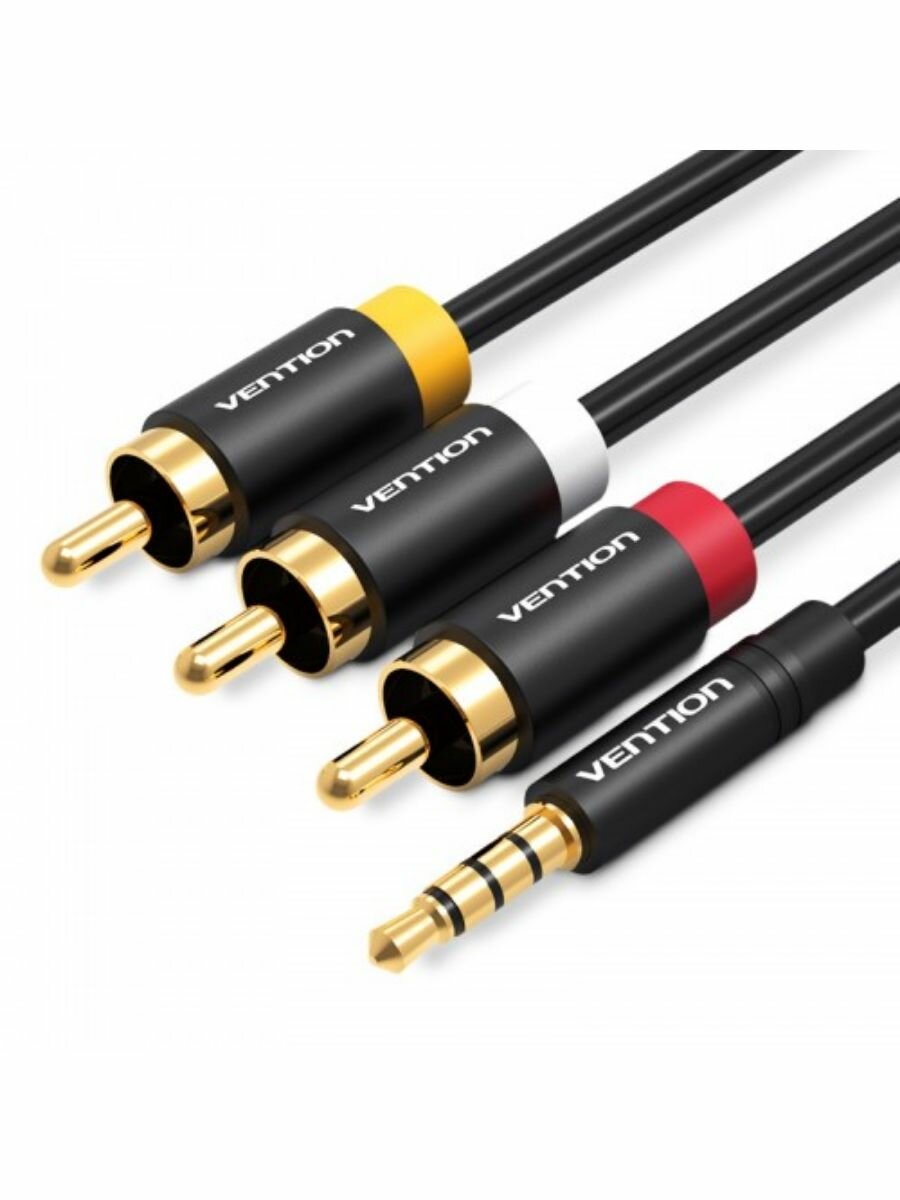 Кабель-переходник (адаптер) Jack 3.5mm(M)-3xRCA(M), экранированный, 1.5 м, черный Vention (VAB-R07-B150)