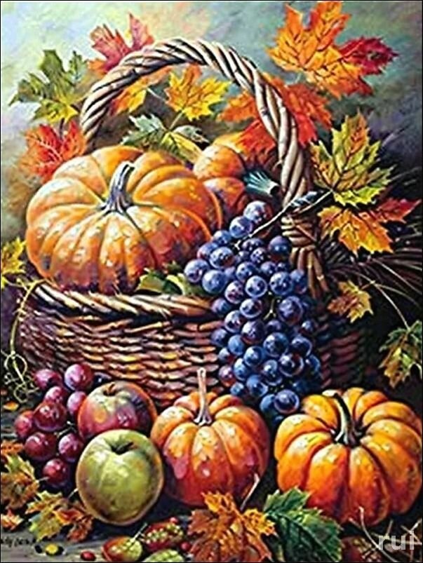 Алмазная картина "Осенний урожай", 30x40 см. Набор для творчества с тыквой и виноградом.