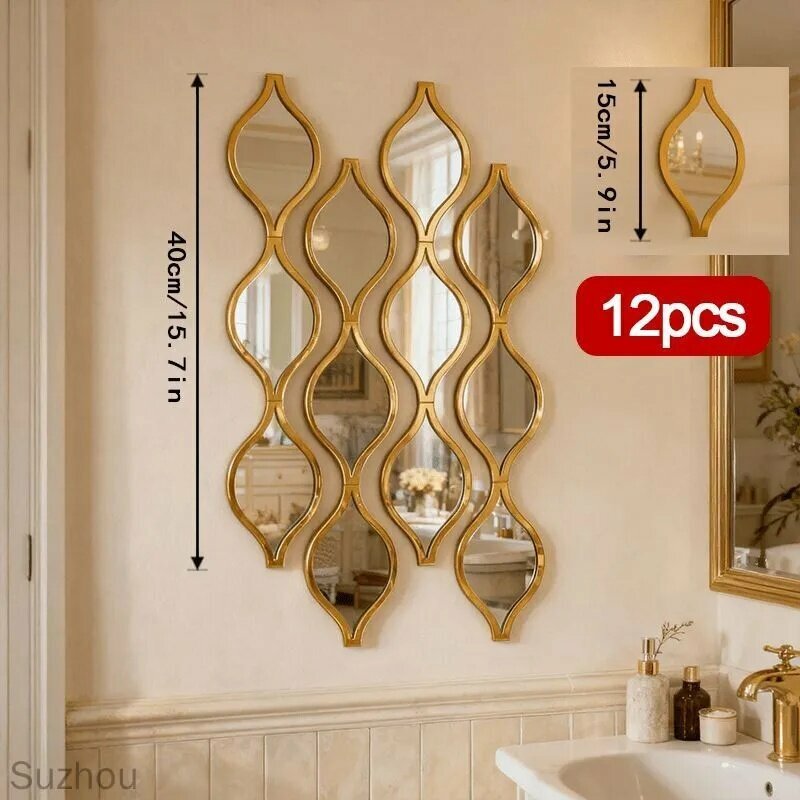 12шт. зеркальные наклейки на стену в форме капли, самоклеющиеся зеркальные панели с золотым контуром 15x8 см (акрил) для арт-декора и подарка в гостиную, спальню, ванную, прихожую