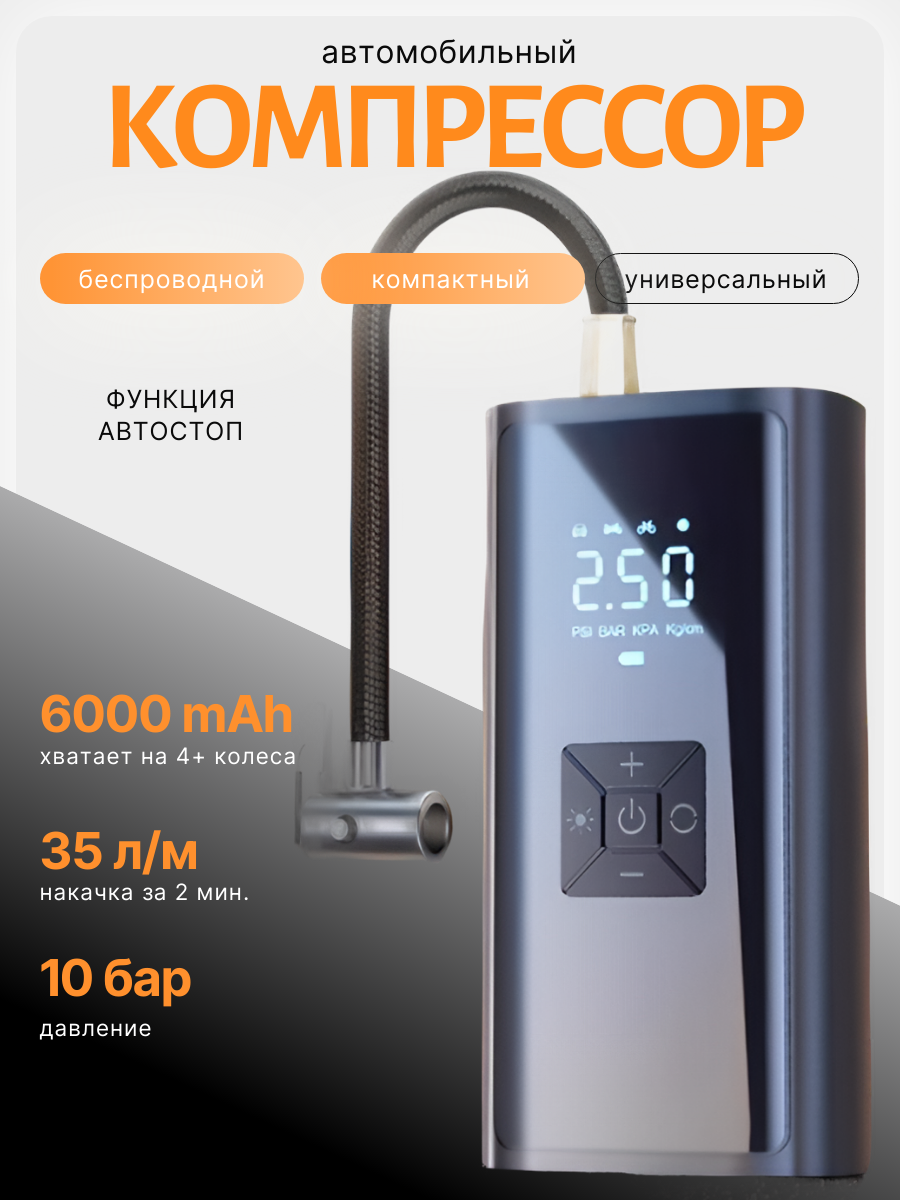 Компрессор автомобильный аккумуляторный, насос автомобильный для подкачки шин, компрессор беспроводной